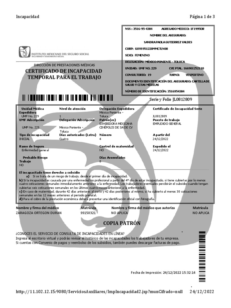 Certificado de Incapacidad IMSS | PDF | Ciencias de la Salud