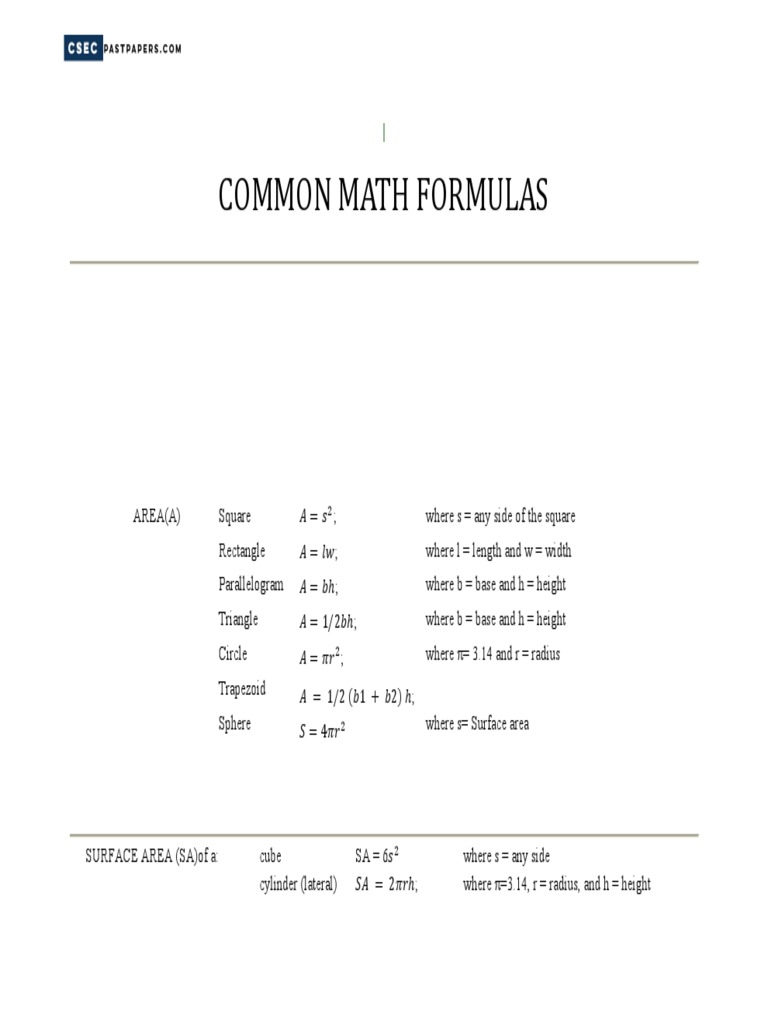 Common Formulas | PDF | Area | Geometric Shapes
