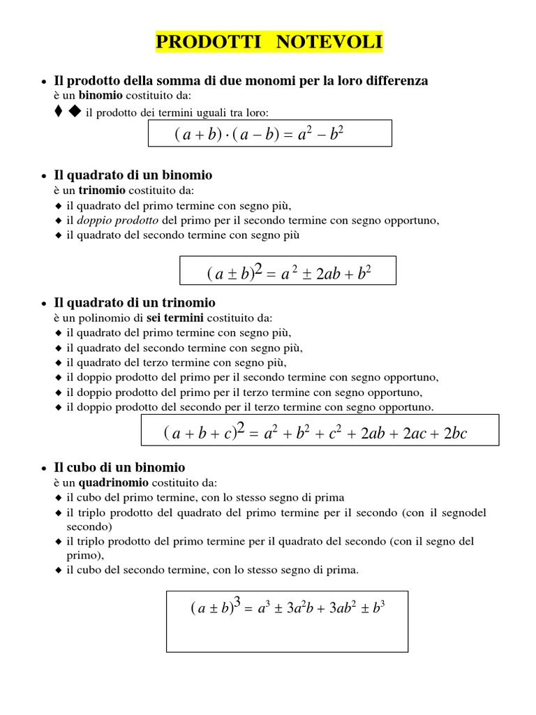 Algebra Prodotti Notevoli | PDF