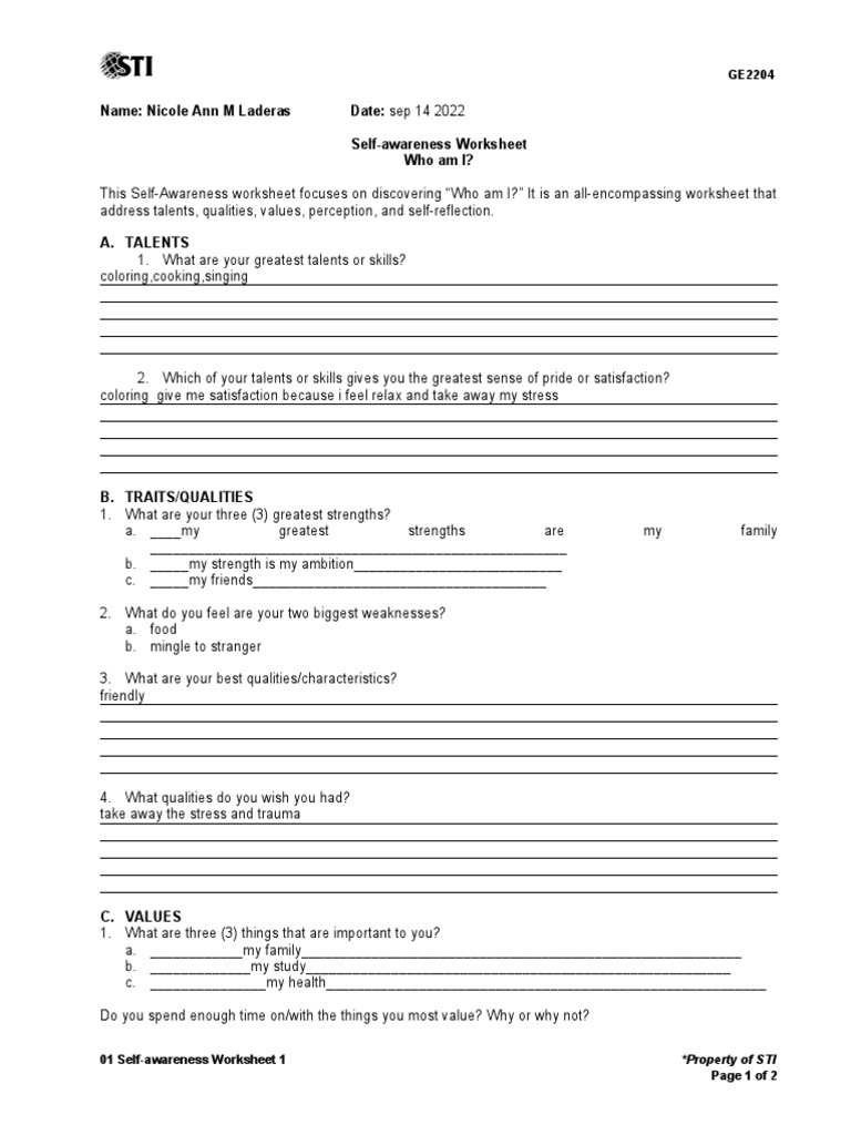 01 Self-Awareness Worksheet 1 | PDF | Self Awareness | Psychology