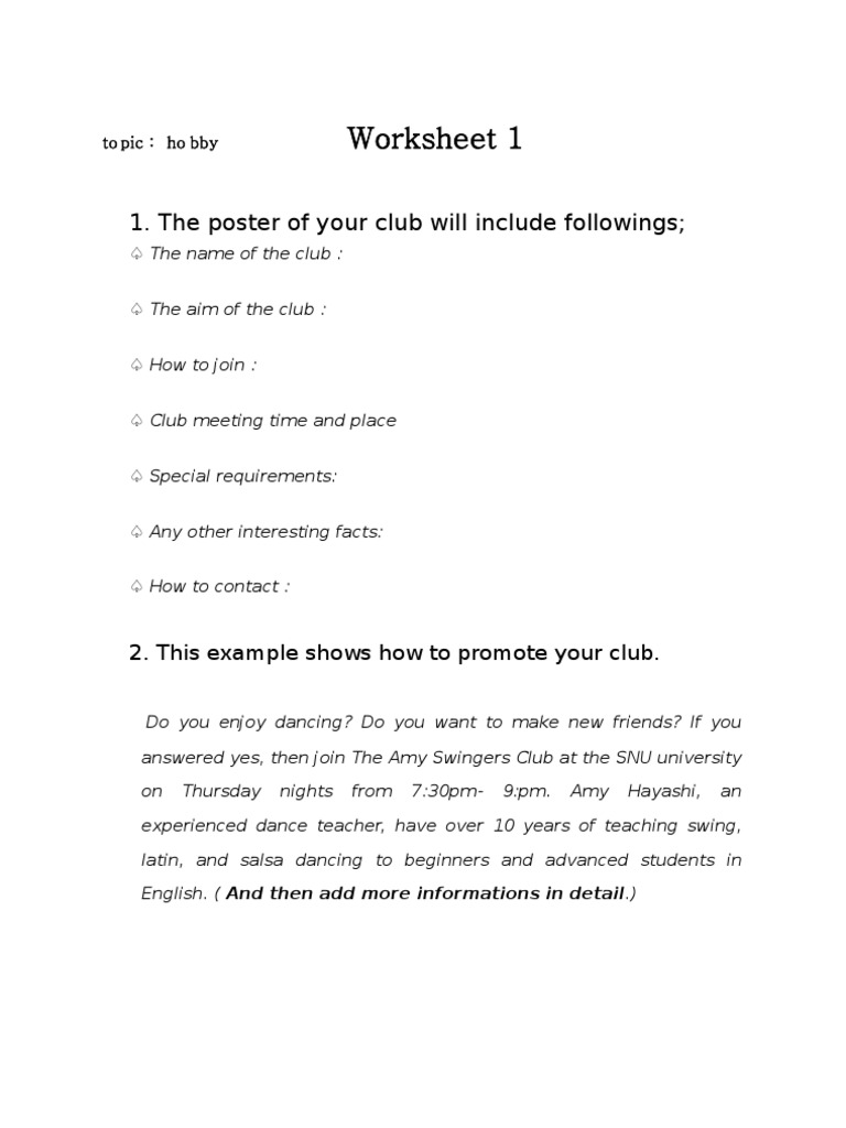 Worksheet 1: 1. The Poster of Your Club Will Include Followings | PDF | Art