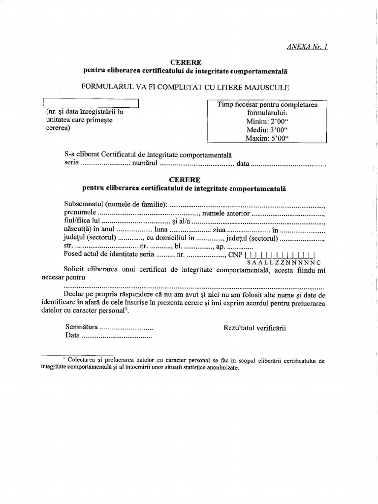 Cerere Eliberare Certificat Integritate Anexa 1 | PDF
