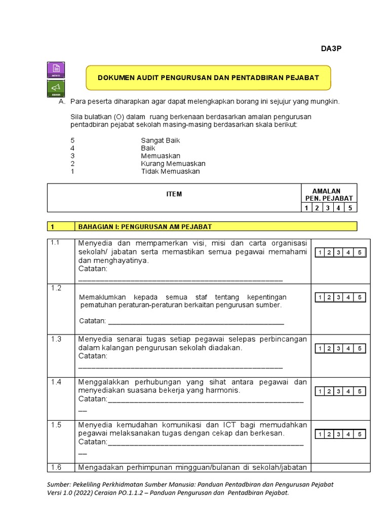 3.dokumen Audit Pengurusan Pentadbiran Pejabat (DA3P) NPQEL 2022 | PDF