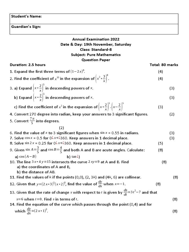 STD 8 Annual Examination Question Pure Mathematics | PDF | Mathematical ... STD 8 Annual Examination Question Pure Mathematics | PDF | Mathematical ...