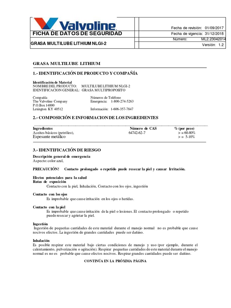 MSDS Multi Lube Lithium | PDF | Petróleo | Petróleo