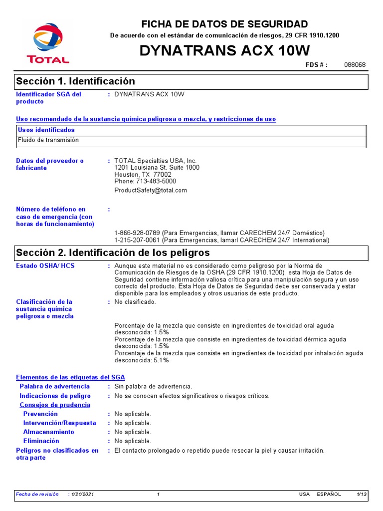 26.MSDS Dynatrans Acx 10W | PDF | Residuos | Química