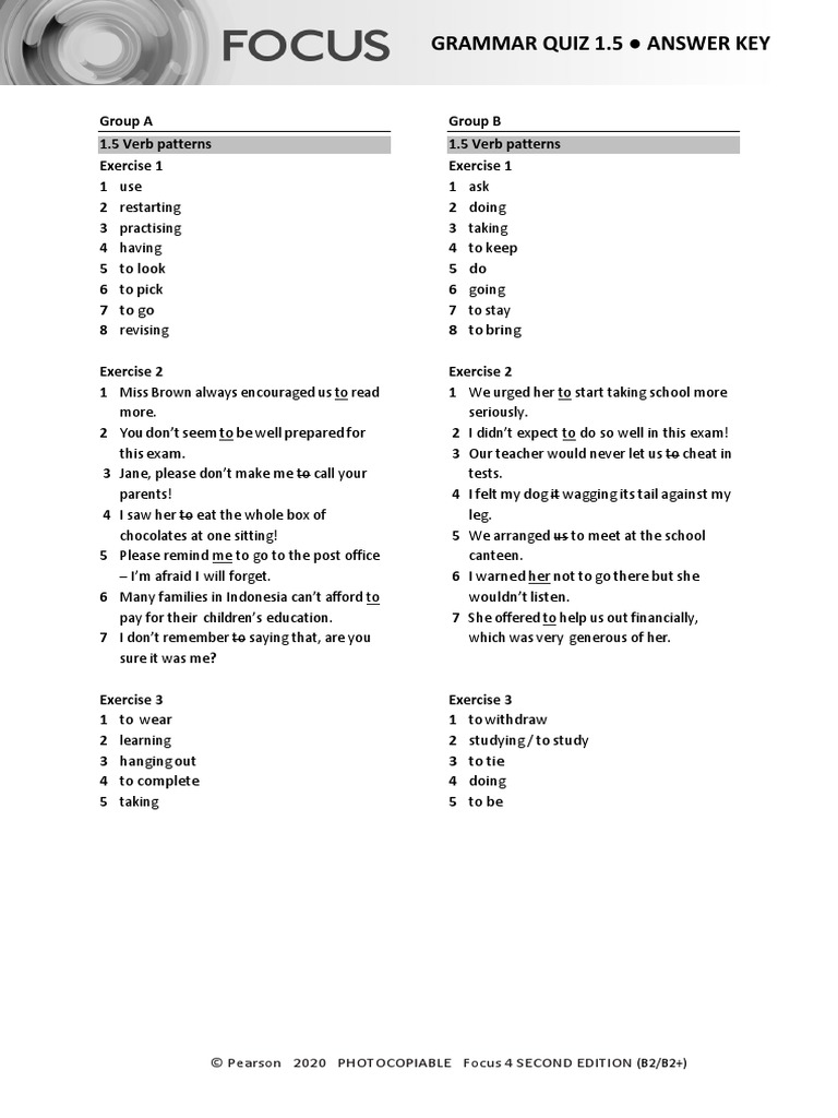 Focus4 2E Grammar Quiz Unit1 5 GroupA B ANSWERS | PDF