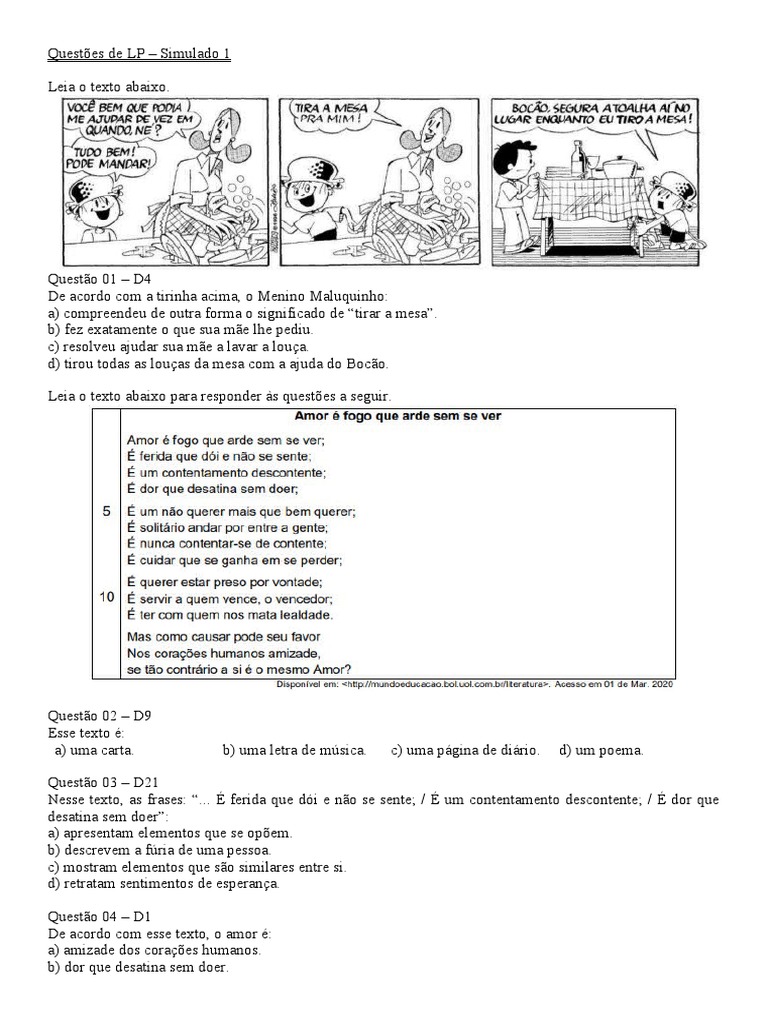 Questões Simulado 1 LP + MAT | PDF