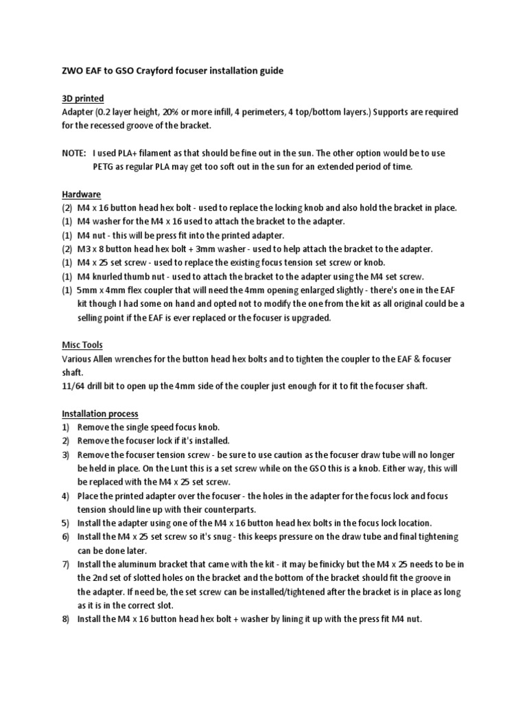 ZWO EAF To GSO Crayford Focuser Installation Guide | PDF | Screw ...