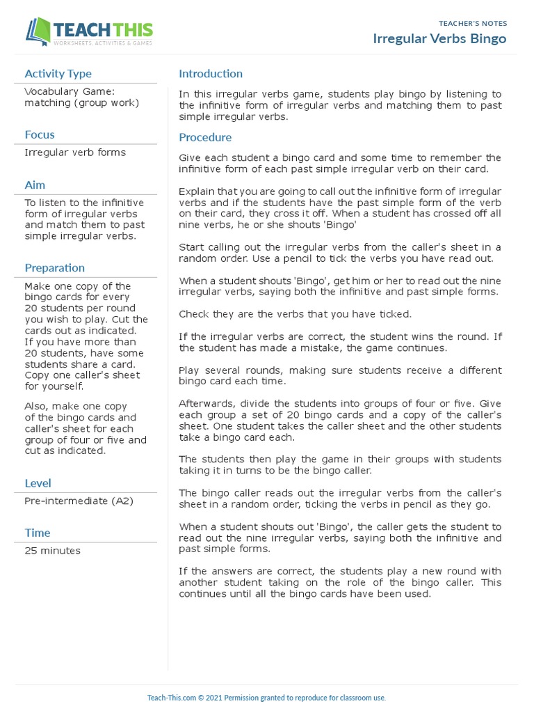 Irregular Verbs Bingo | PDF
