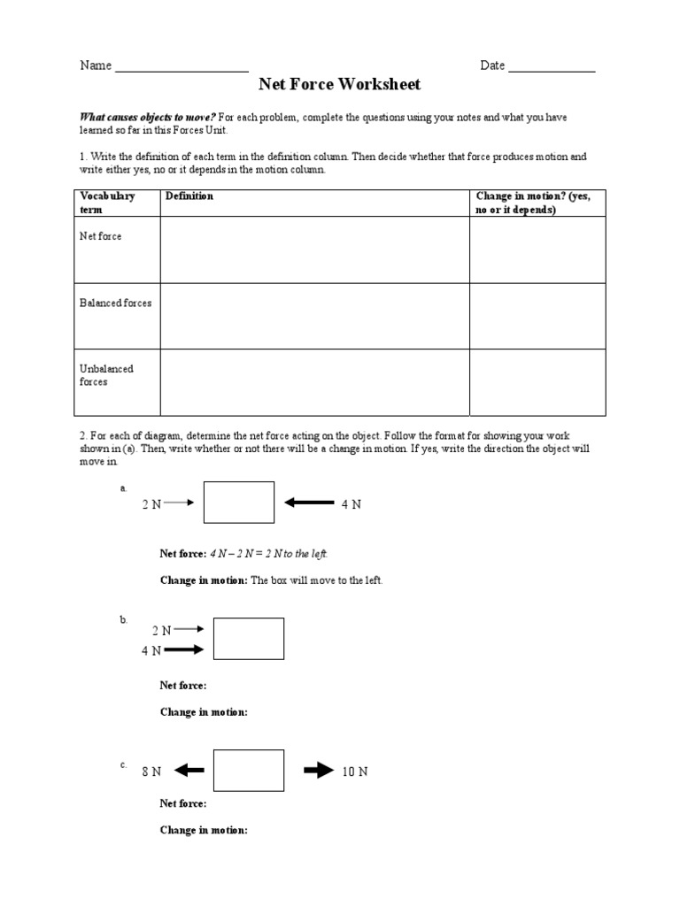 Net Force Worksheet: Name - Date | PDF | Force | Mechanics