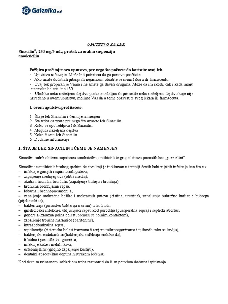 SINACILIN Prasak Za Oralnu Susp PIL - PN 1799 08 | PDF