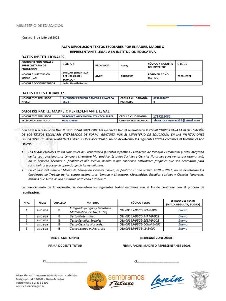 Formato Acta Devolución Textos Escolares (Reutilización) 0682327001615410412 | PDF
