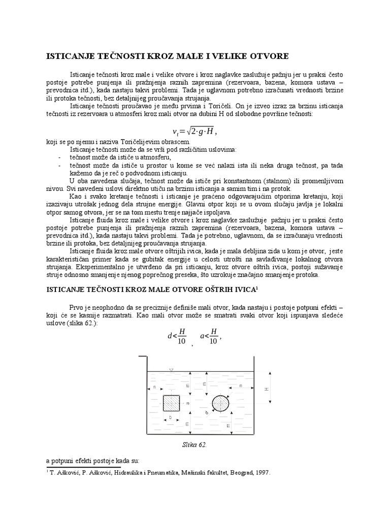 Predavanje 29-04-2020. Isticanje Tečnosti Kroz Male I Velike Otvore | PDF