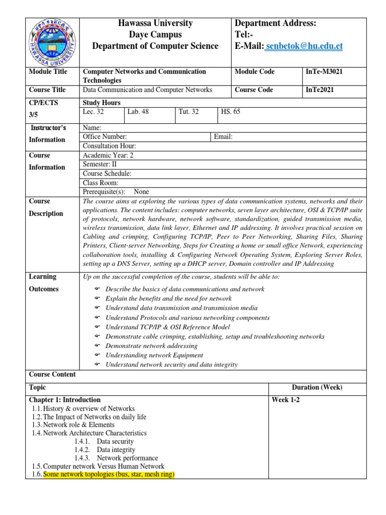 Dccn Cource Outline Syllabus Pdf Computer Network Osi Model