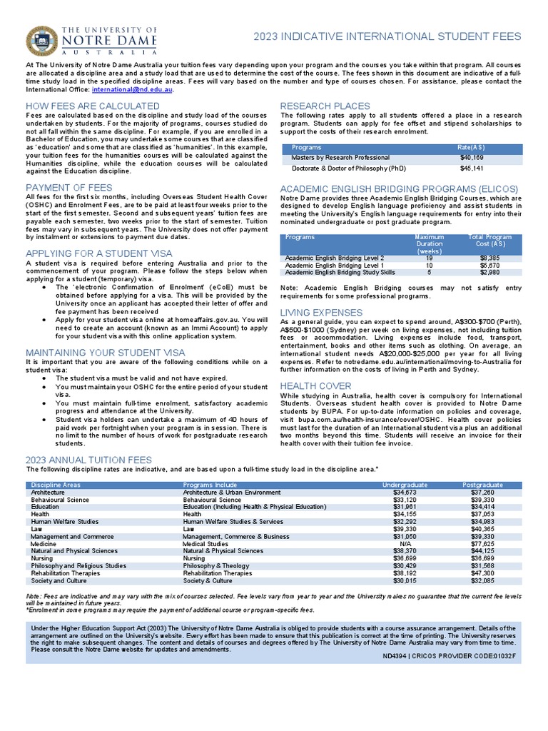 Indicative International Student Fees | PDF | Cost Of Living | Doctor Of Philosophy