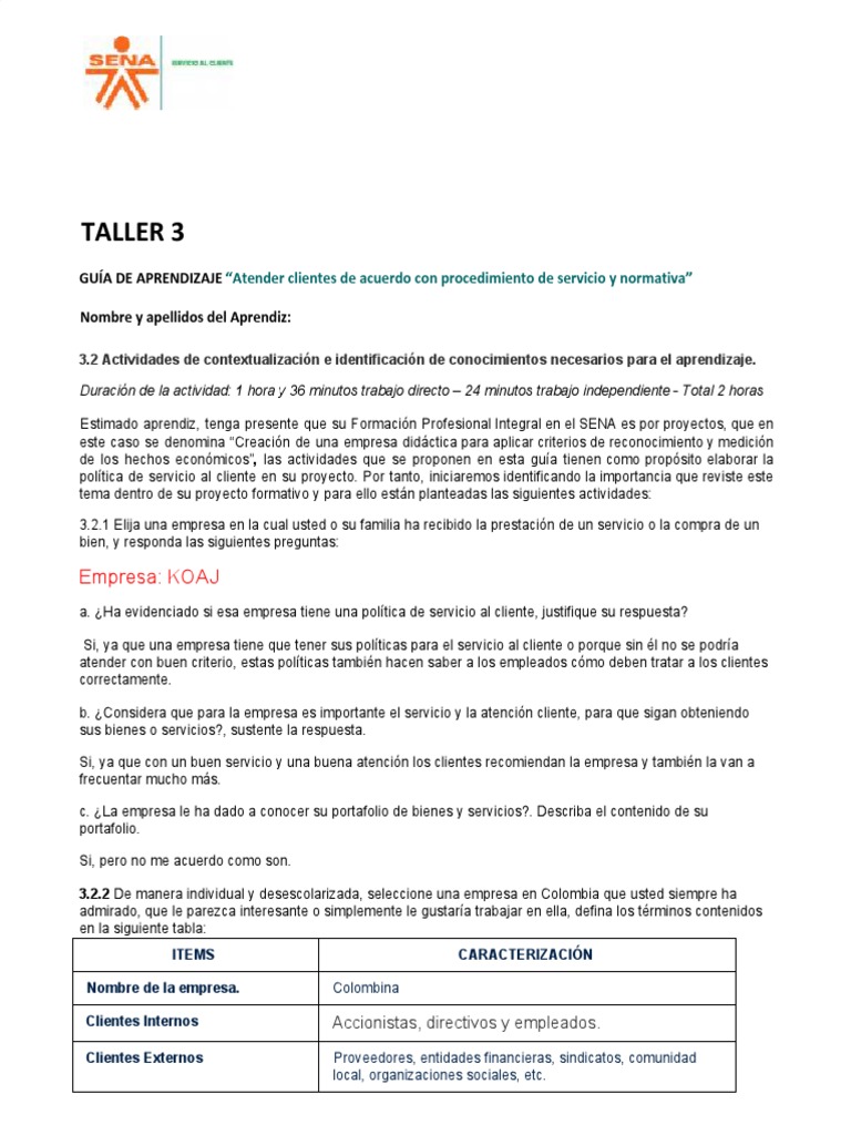 Taller 3 - Servicio Al Cliente | PDF | Business | Servicio al Cliente