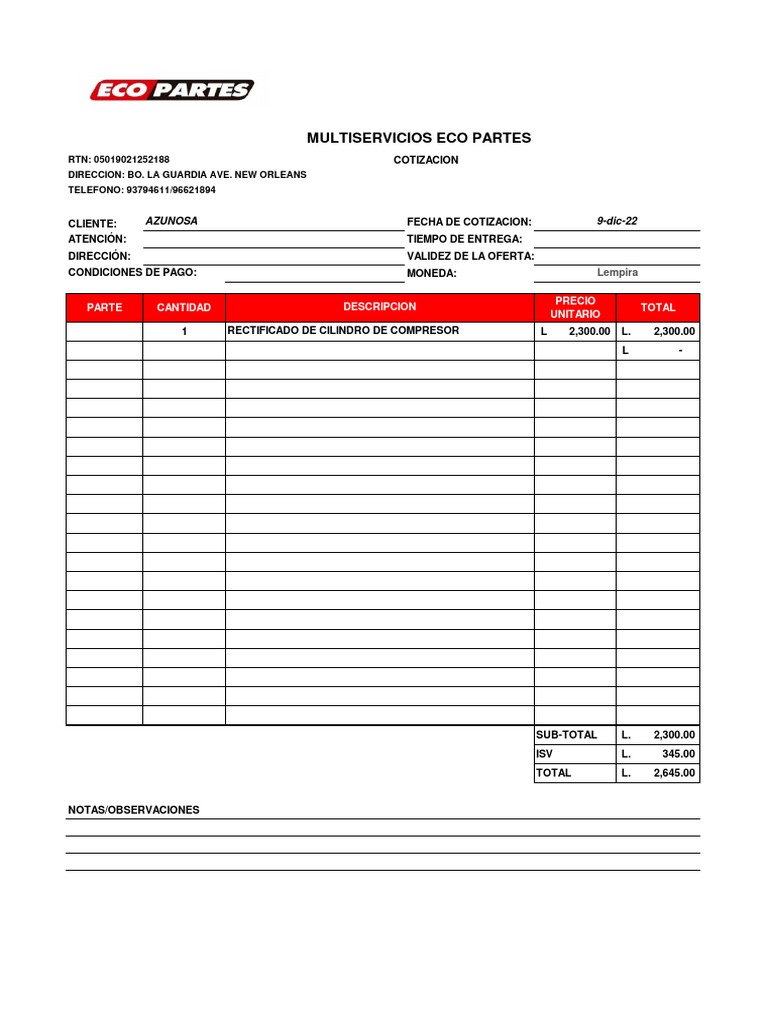 Cotizacion de Rectificado | PDF