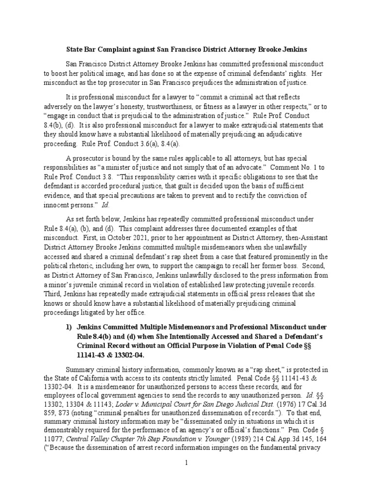 State Bar Complaint Against San Francisco District Attorney Brooke ...