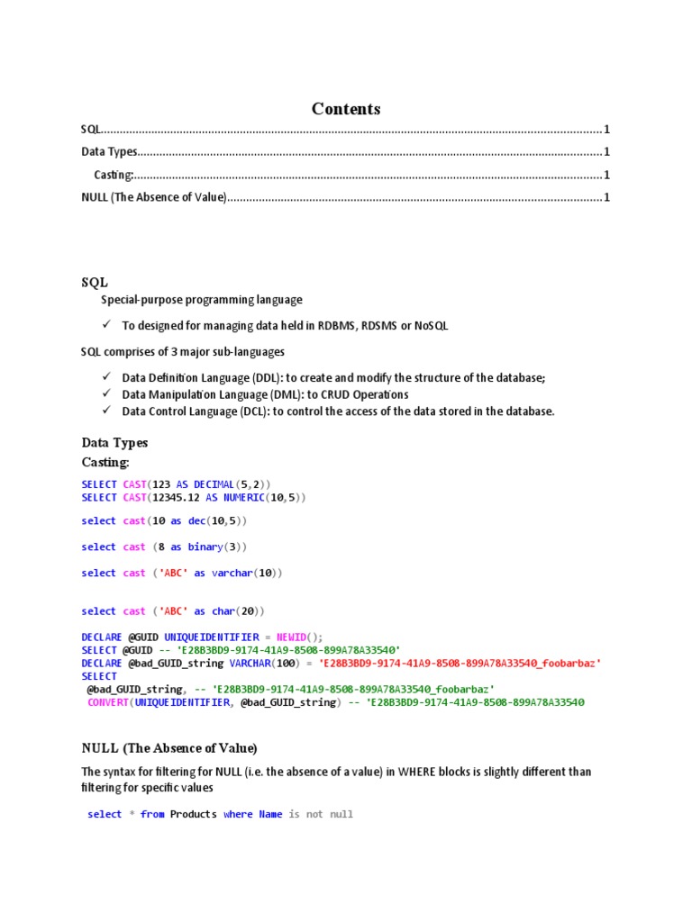 SQL Basics: Data Types and Casting | PDF | Computers