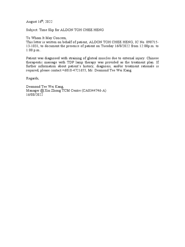 Letter of Medical Time Slip | PDF
