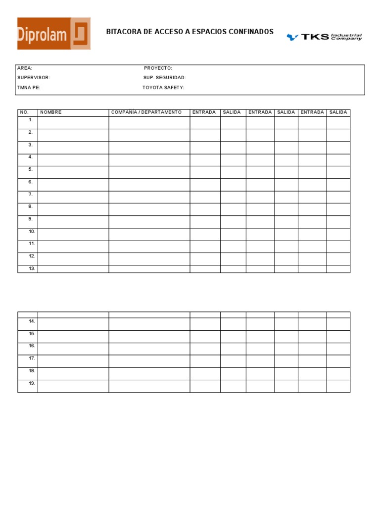 Bitacora de Acceso A Espacios Confinados | PDF