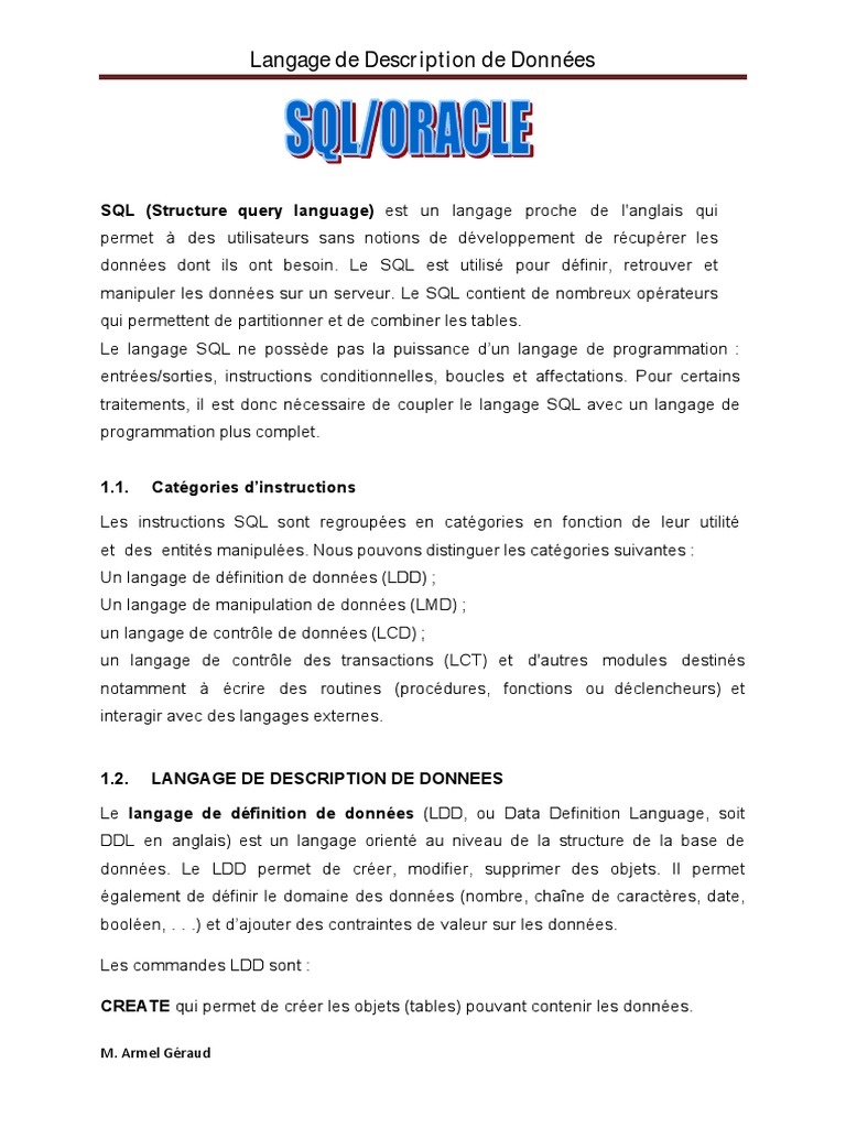 Langage de Description de Données: M. Armel Géraud | PDF | Langage de programmation | SQL
