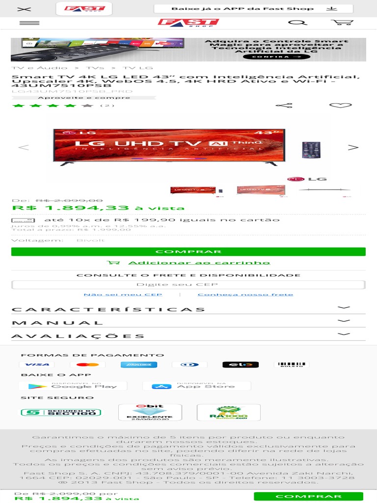 Smart TV 4K LG LED 43" Com Inteligência Artificial, Upscaler 4K, WebOS 4.5, 4K HRD Ativo e Wi-Fi ...