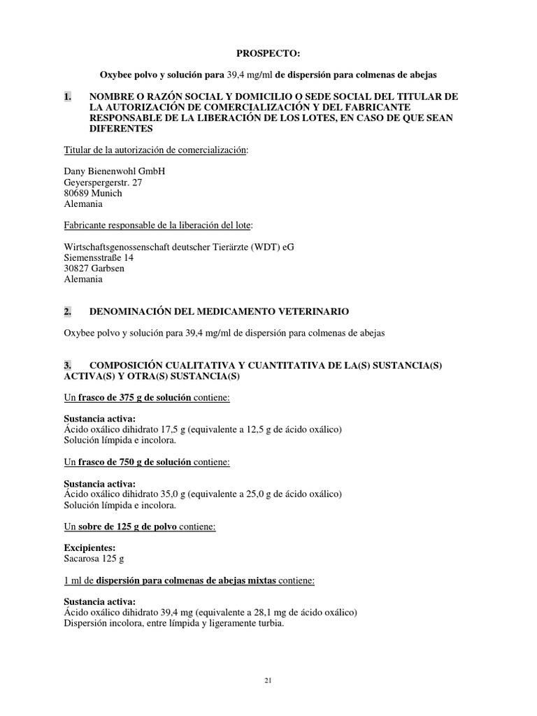 Oxybee: Tratamiento para Varroa en Abejas | PDF | Medicamentos con ...