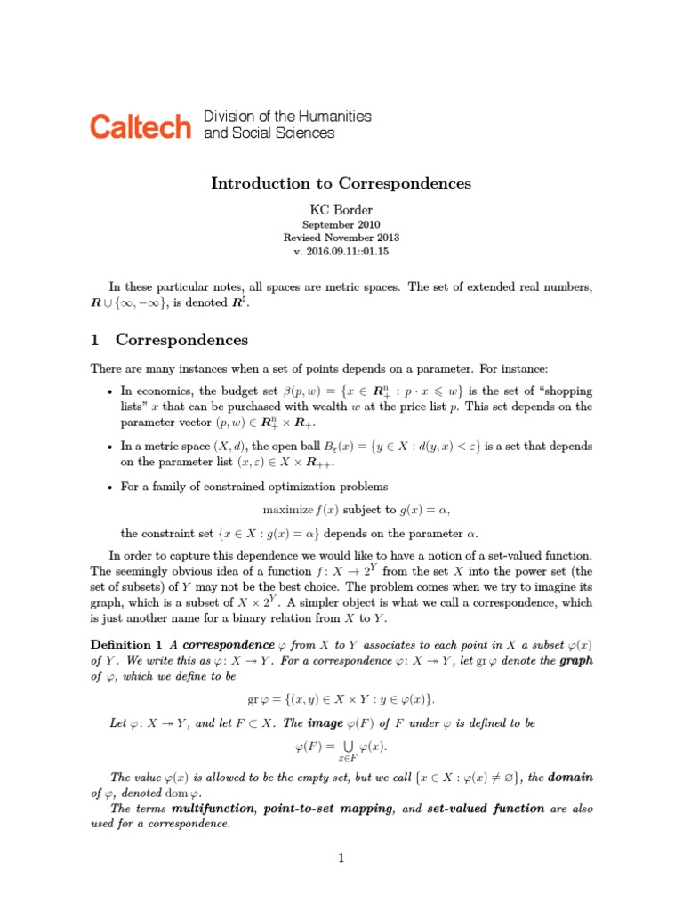 Introduction To Correspondences Defining Continuity For Set Valued Functions Pdf Continuous