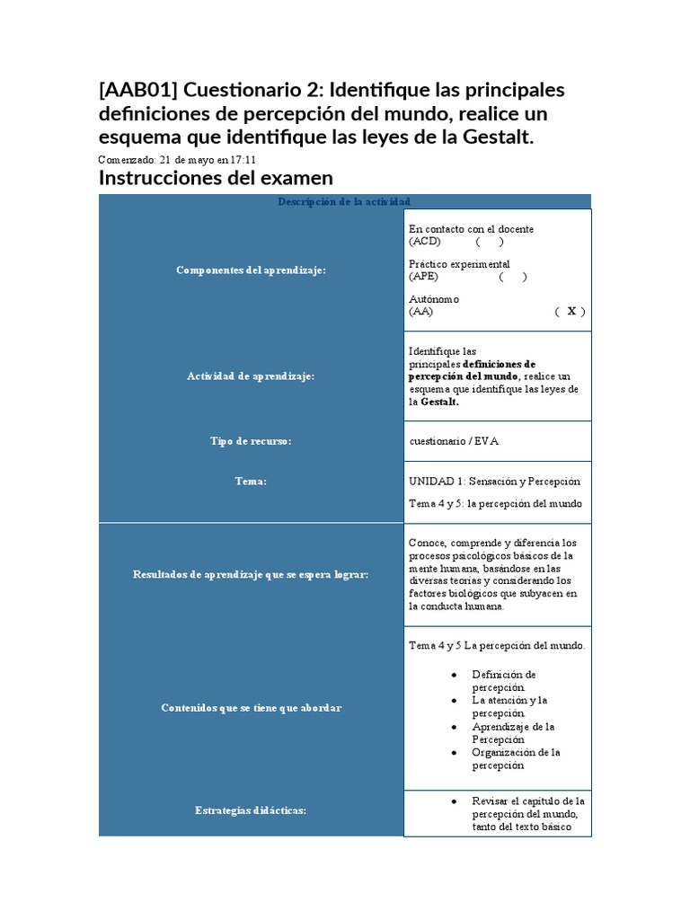 Cuestionario 2 Identifique Las Principales Definiciones de Percepción ...
