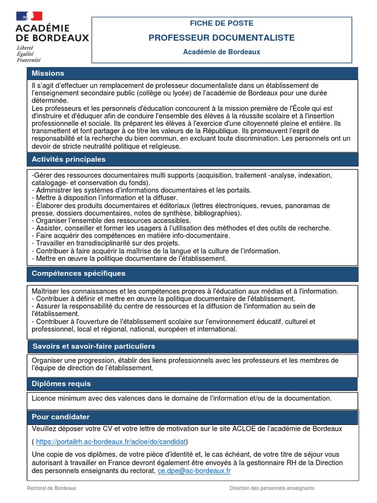 Fiche de Poste Professeur Documentaliste 15561 | PDF | Sciences de l'information