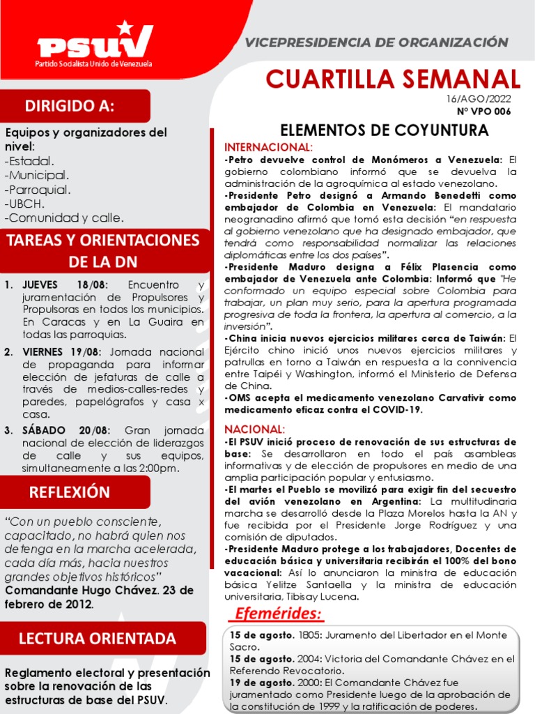 Cuartilla Semanal VPO PSUV 006 V.IX | PDF | Venezuela | Hugo Chavez