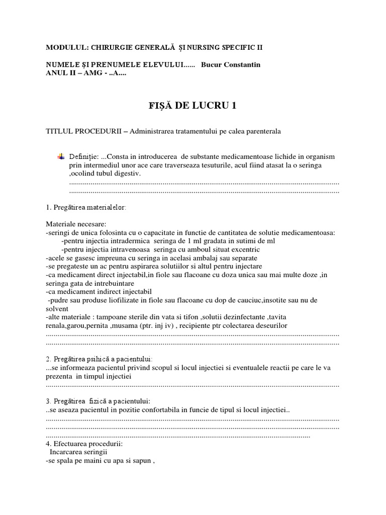 Stagiu Clinic Fisa de Lucri Modulul Chirurgie Si Nursing | PDF