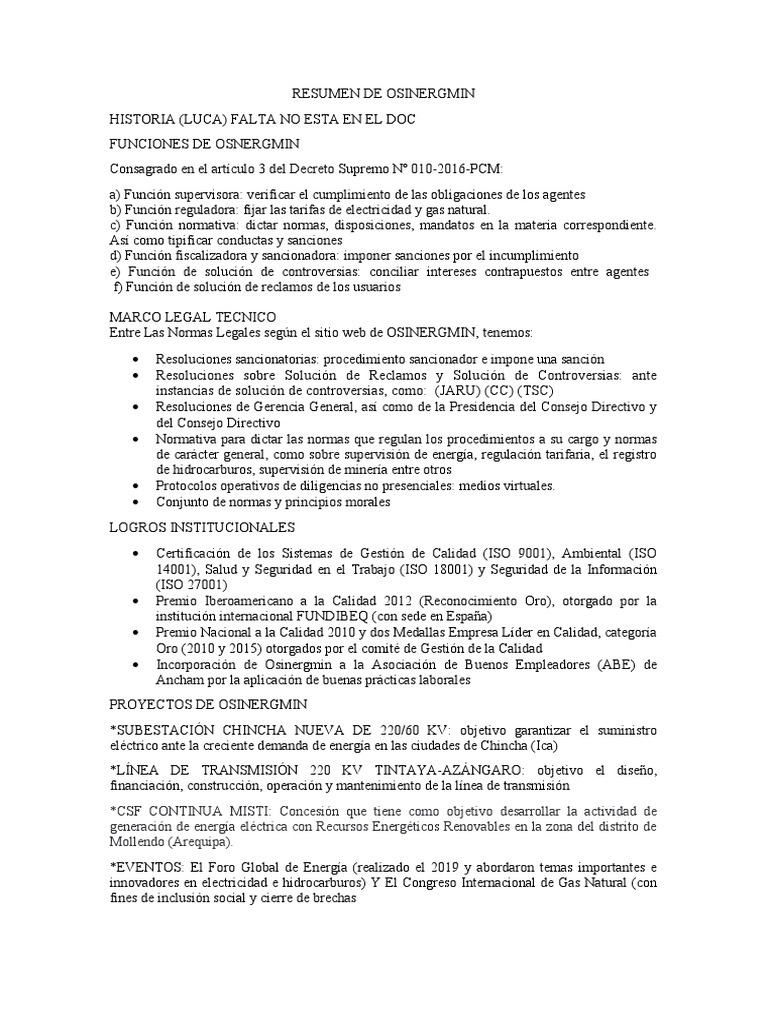 Resumen de Osinergmin | PDF | Organización internacional para la estandarización