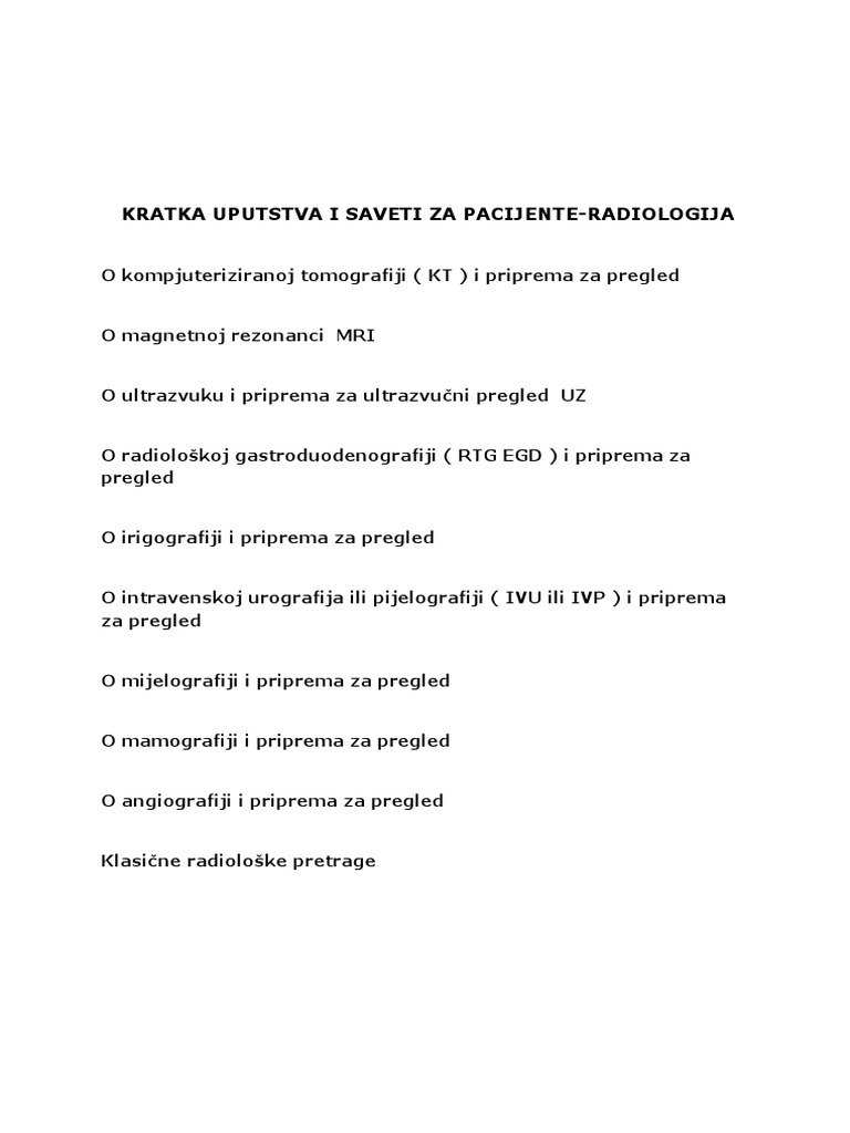 Kratka Uputstva I Savjeti Za Pacijente-Radiologija | PDF