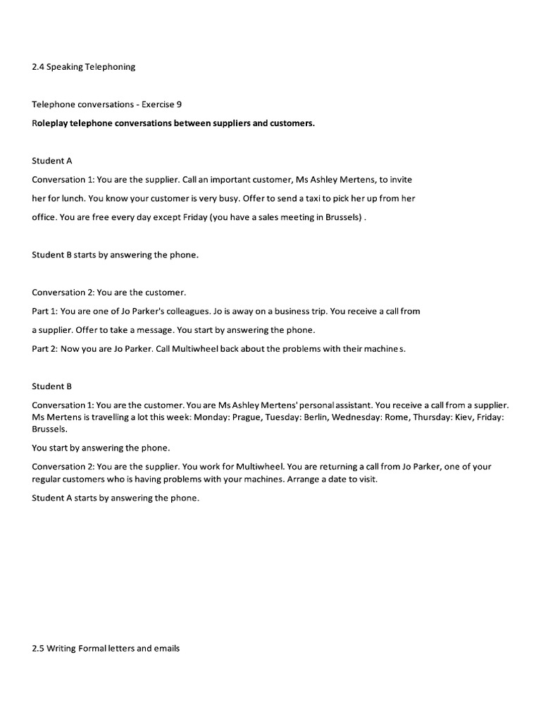 Roleplay For Ex9 - Telephone Conversations and Ex7 - Formal Letters and ...
