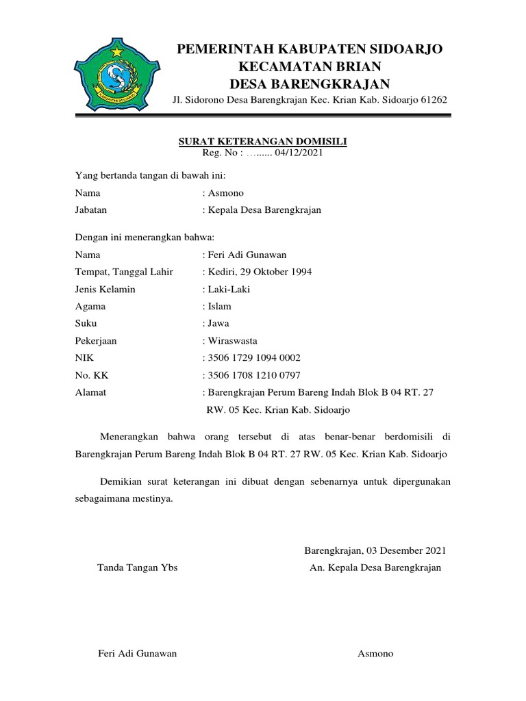 Surat Keterangan Domisili Feri Adi Gunawan | PDF