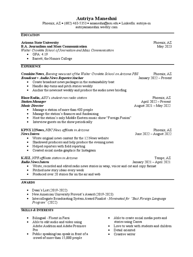 Maneshni Resume 2023 | PDF | News Broadcasting | Arizona State University