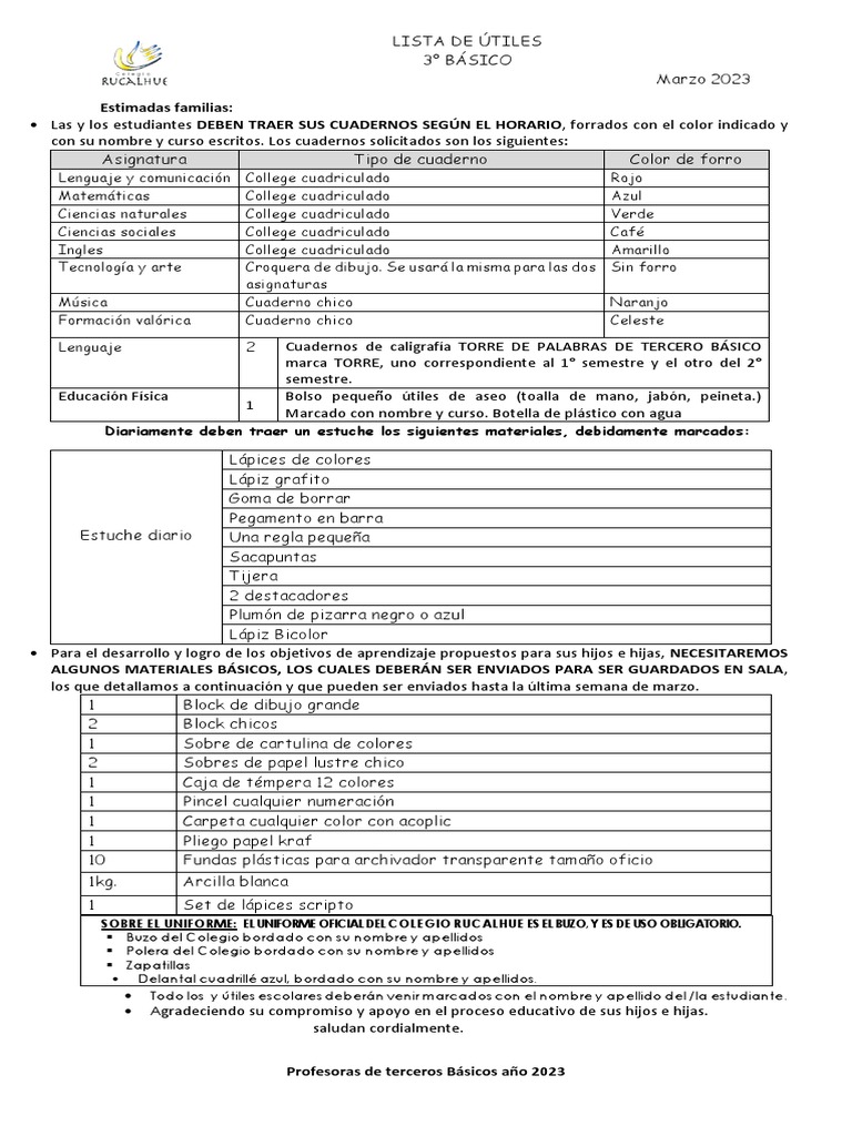 Útiles y uniforme 3° básico Rucalhue | PDF | Lápiz