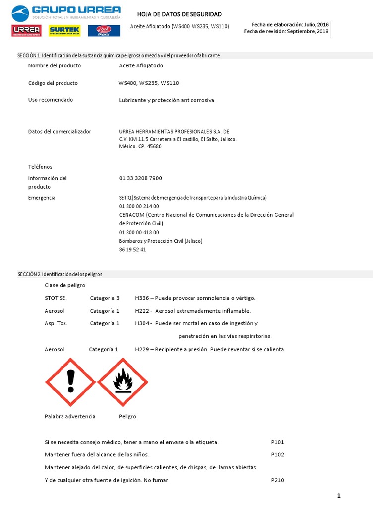Hoja de Seguridad Aceite Aflojatodo WS400 | PDF