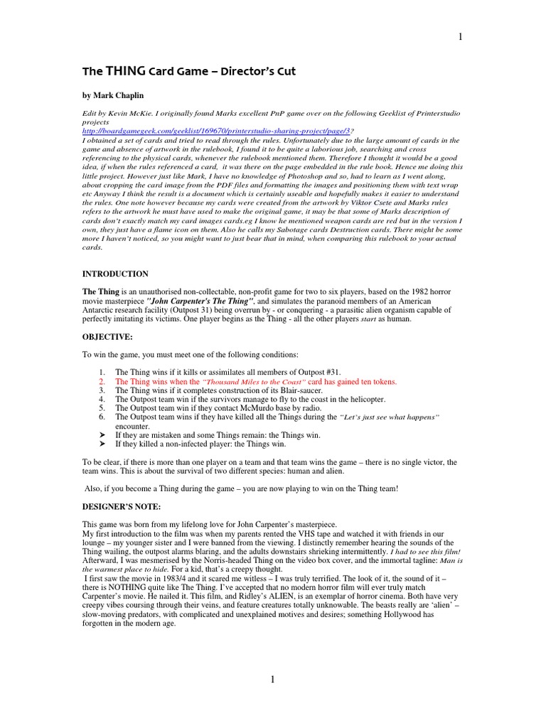 The Thing A Fully Illustrated Rulebook Rules V3 | PDF | Playing Cards