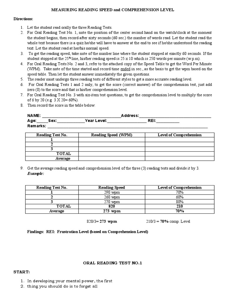 Reading Speed and Comprehension Tests | PDF