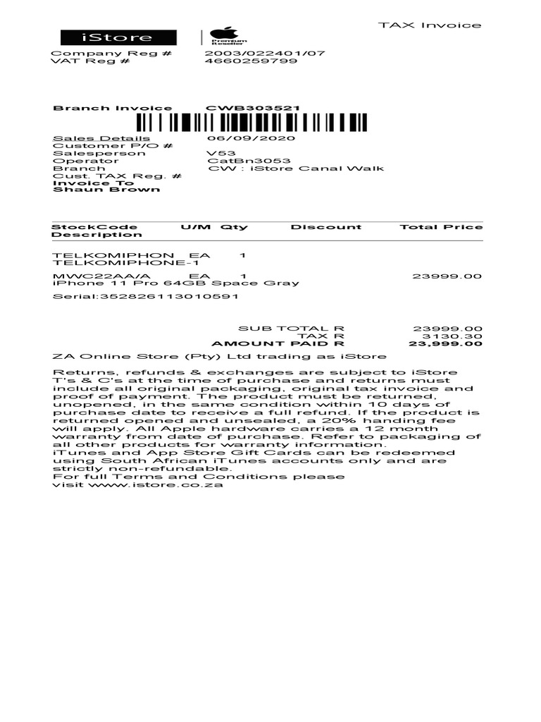 iStore Invoice for iPhone 11 Pro Max | PDF | Finance & Money Management