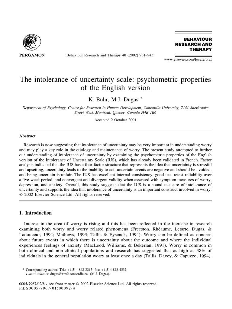 The Intolerance of Uncertainty Scale: Psychometric Properties of The ...