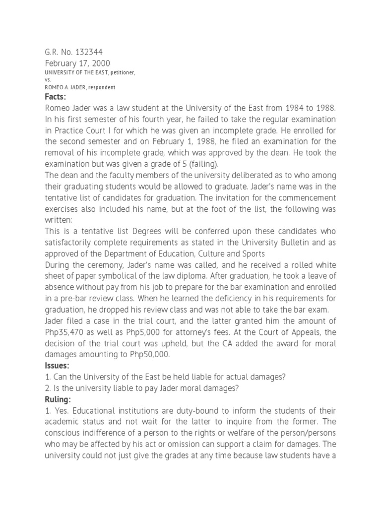 University of The East vs. Jader, .PDF (CASE DIGEST) | PDF | Negligence | Damages