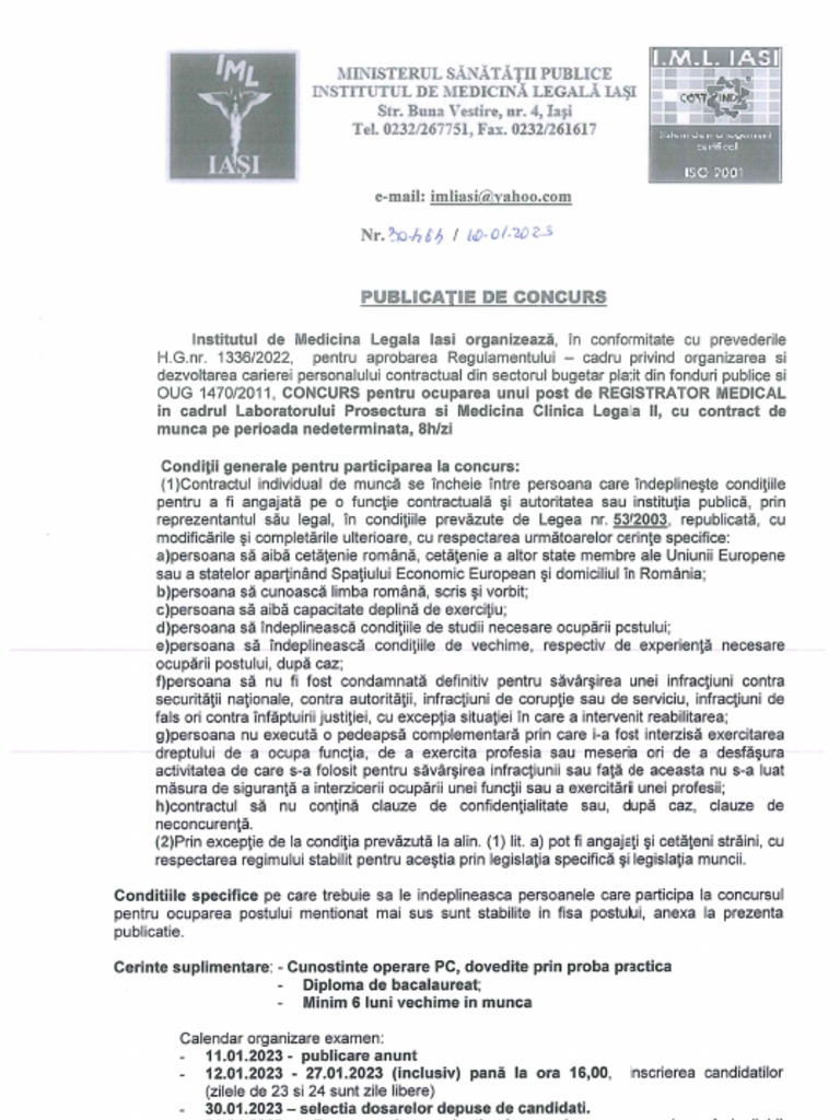 Publicatie Concurs Registrator Medical | PDF