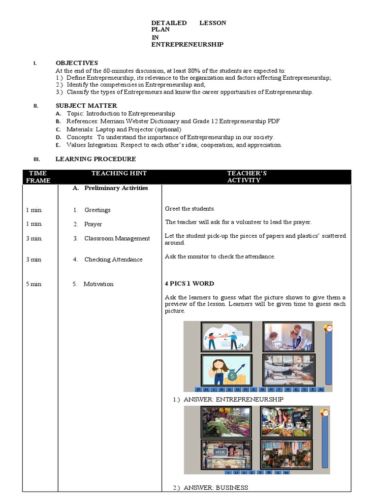 Lesson Plan Entrep | PDF | Entrepreneurship | Creativity