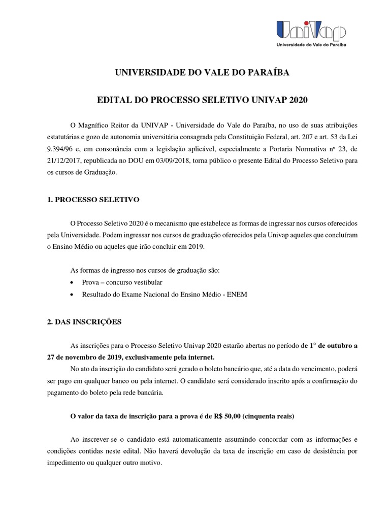 Edital Vestibular Univap 2020 | PDF | Science