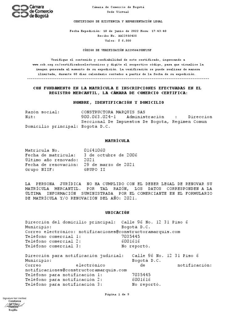 Certificado de Existencia y Representacion Legal Constructora Marquis | PDF